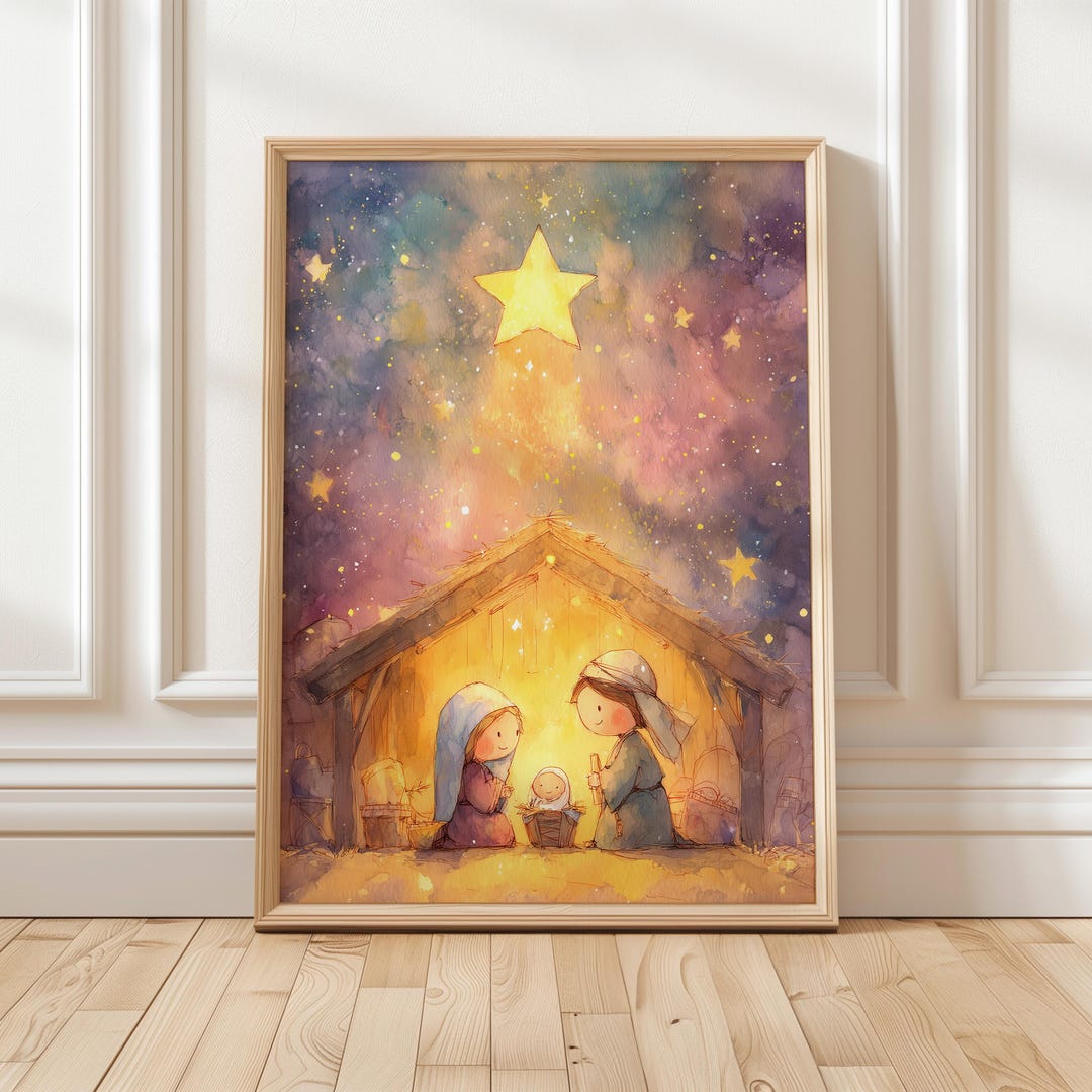 Nativity Nursery Print: Watercolor Christmas Art, Manger Scene for Kids ...