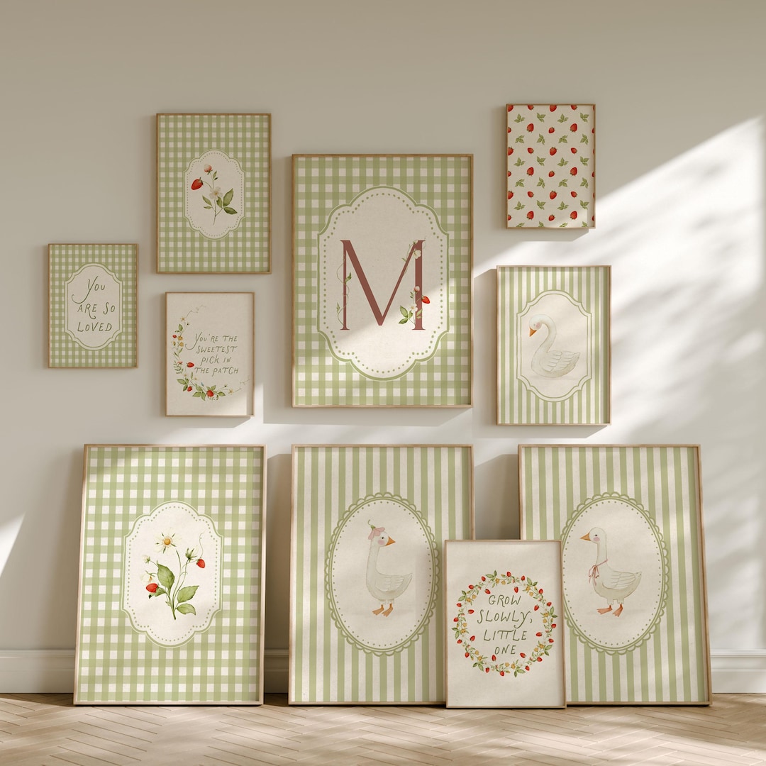 Personalized Strawberry Nursery Gallery Wall Set, Green Gingham ...