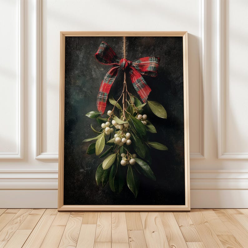Mistletoe Wall Art Print: Tartan Bow, Dark Academia Christmas (digital ...