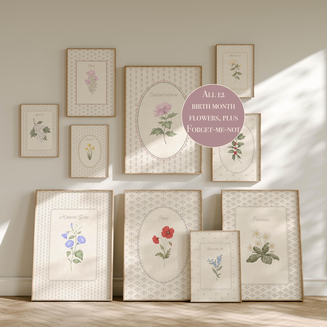 Birth Flower Wall Art Set, Vintage Botanical Prints, Cottagecore ...