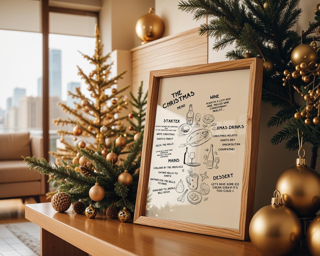 Festive Kitchen Menu Print: Christmas Line Art Holiday Poster With ...