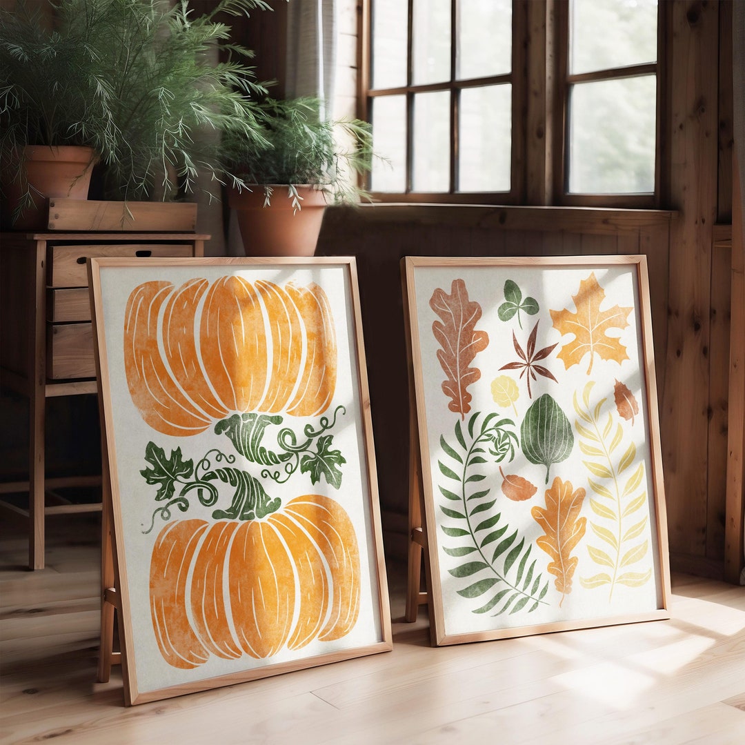 Autumn Splendor: Digital Fall Wall Art Set of 2 With Pumpkins & Leaves ...