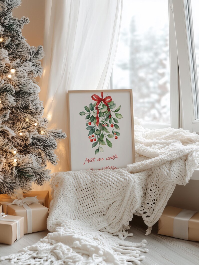 Meet Me Under the Mistletoe Printable, Cute Christmas Poster, Trendy ...