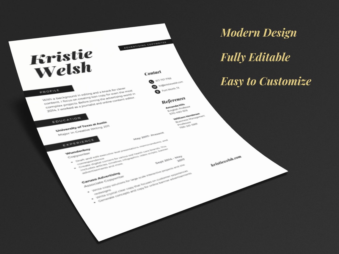 Copywriter Resume Template Professional CV Template for - Etsy