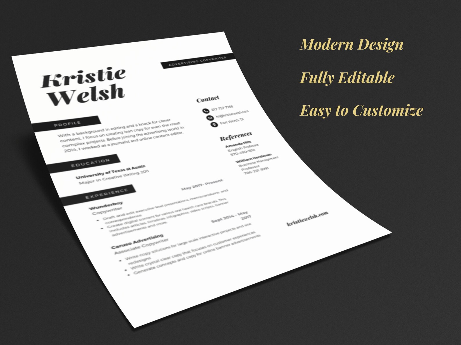Copywriter Resume Template Professional CV Template for - Etsy