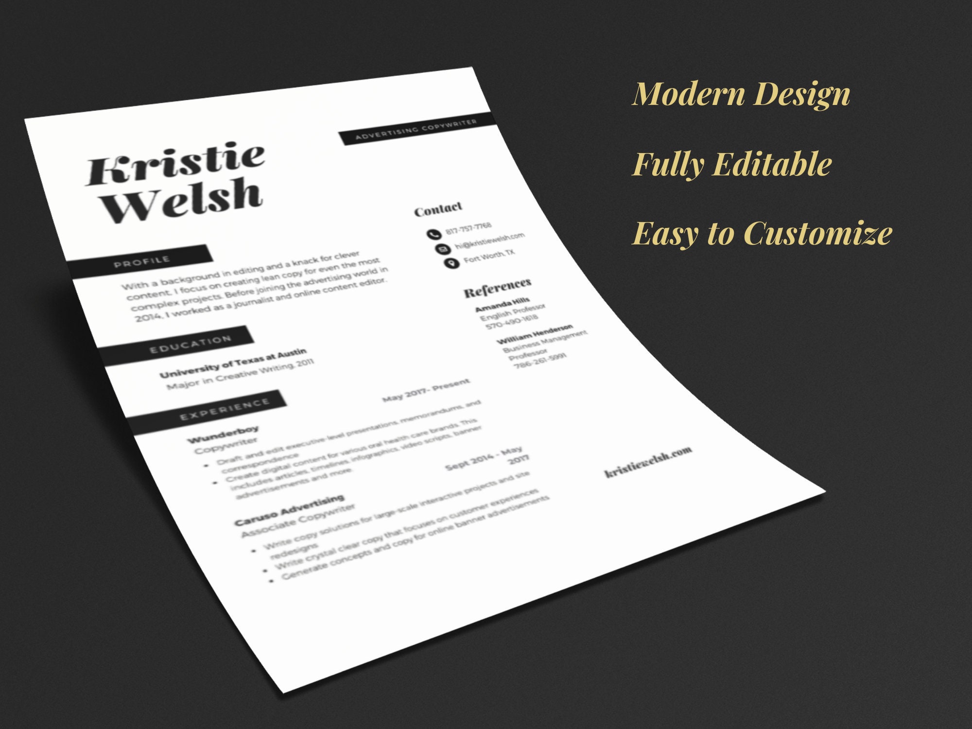 Copywriter Resume Template Professional CV Template for Advertising ...