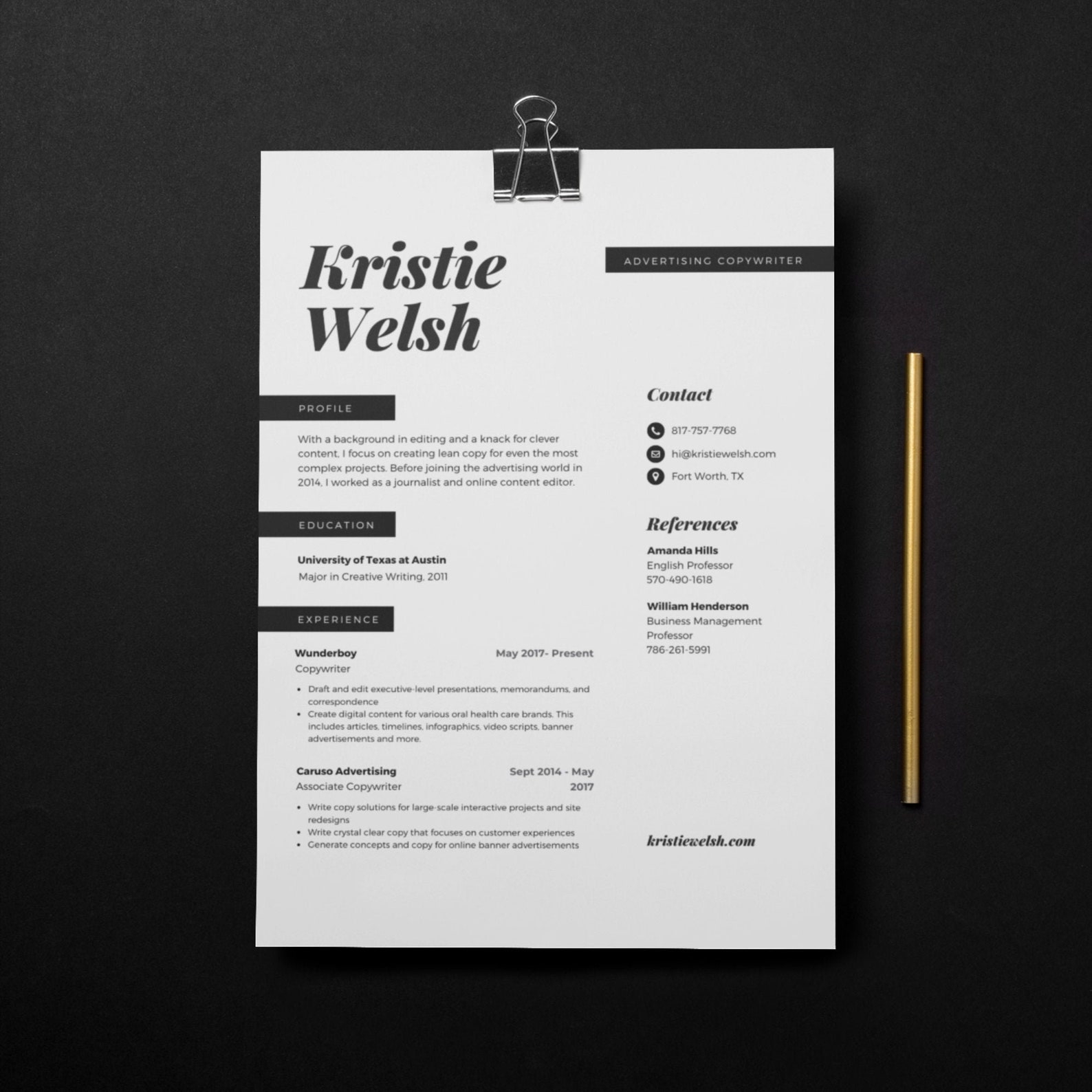 Copywriter Resume Template Professional CV Template for - Etsy