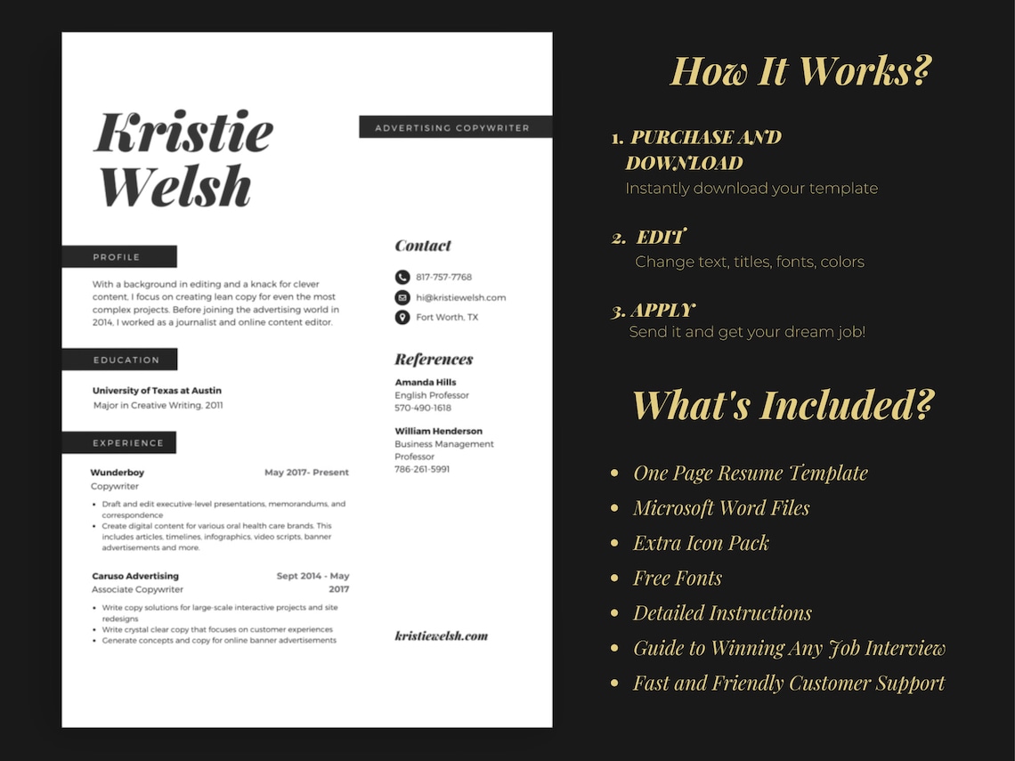 Copywriter Resume Template Professional CV Template for - Etsy