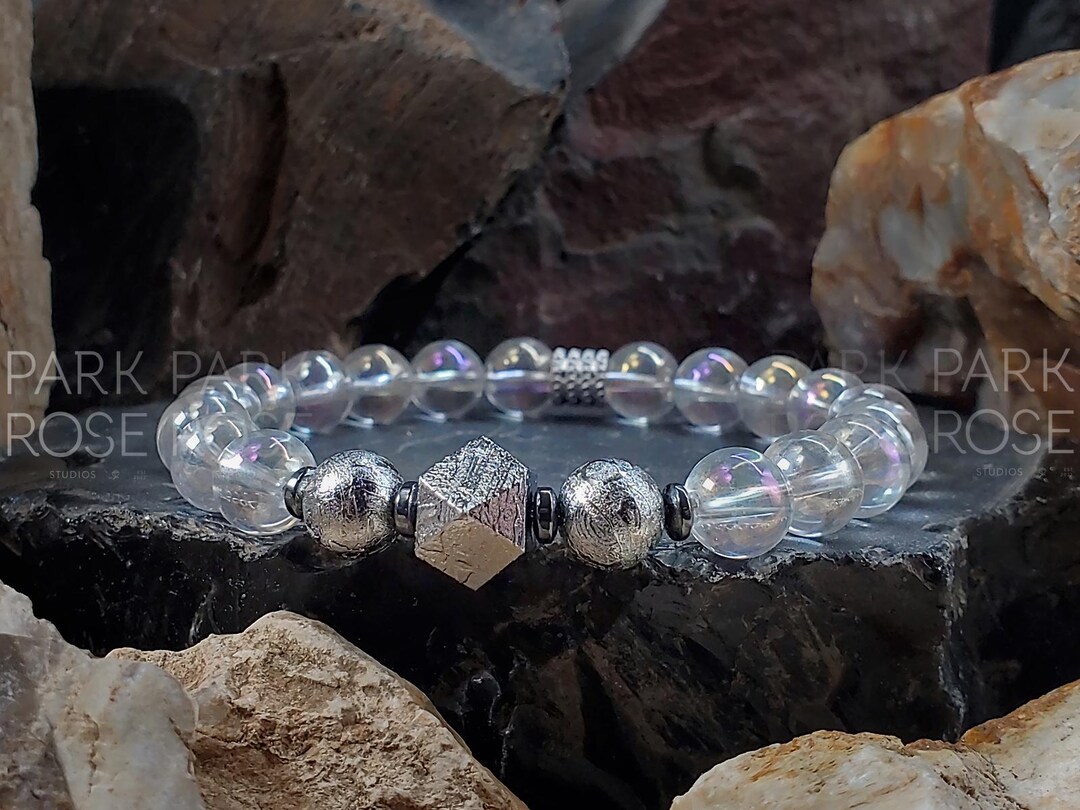 Gibeon Meteorite Bracelet: Angel Aura Quartz Crystal, Iron Nickel (8mm ...