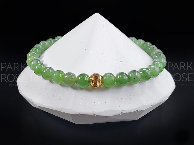 High Grade Nephrite Green Jade Bracelet: 24K Gold Cat Eye Bead ...