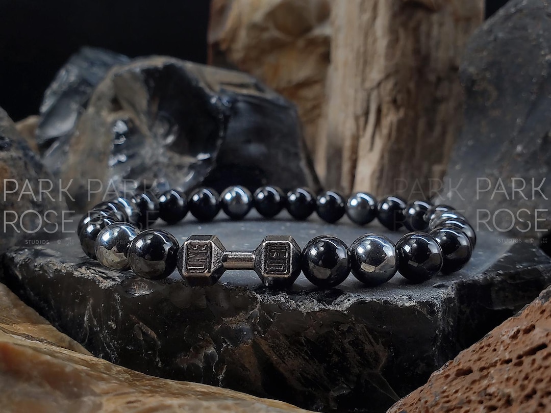 Black Tourmaline and Hematite "gym Bro" Bracelet: Dumbbell Charm (8mm ...