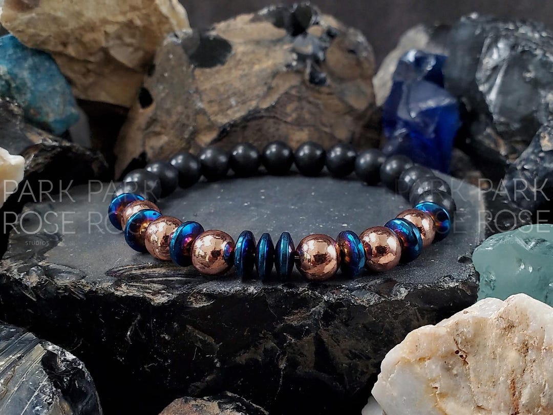Real Shungite, Pure Coated Copper & Blue Heishi Hematite Gemstone ...