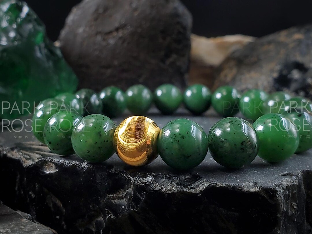 Nephrite Green Jade Bracelet: 24K Gold Cat Eye Bead, Handmade - Etsy