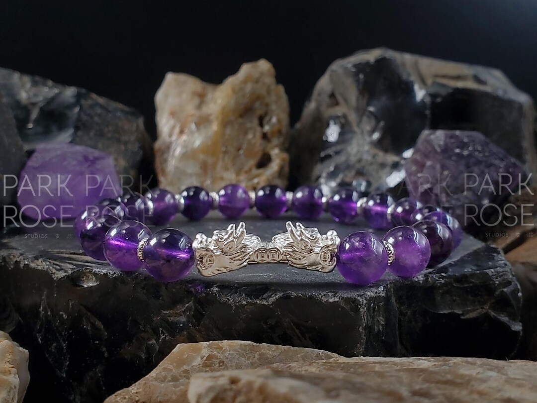 AAAA Amethyst 925 Sterling Silver Double Heads Dragon Bracelet 8mm ...