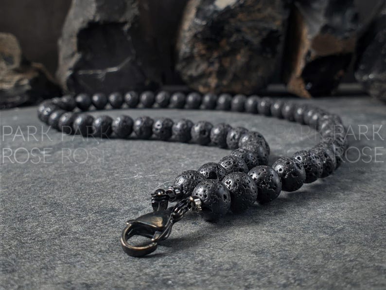 Black Lava Bead Necklace With Stainless Steel Accents (6/8/10/12/14mm ...
