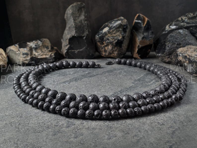 Black Lava Bead Necklace With Stainless Steel Accents (6/8/10/12/14mm ...