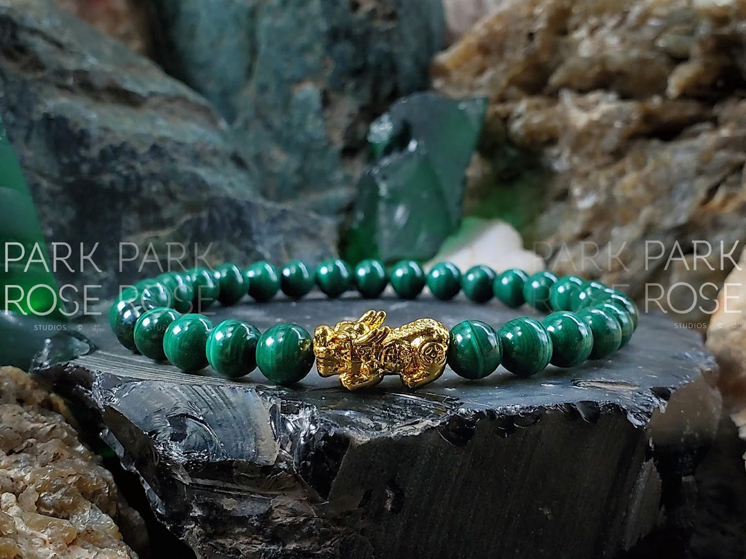 Congo Malachite Bracelet: 24K Gold Plated Pixiu Charm, Handmade Jewelry ...