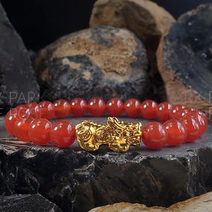 Red Carnelian & 24K Gold Plated Pi Xiu Bracelet (6mm, 8mm or 10mm ...