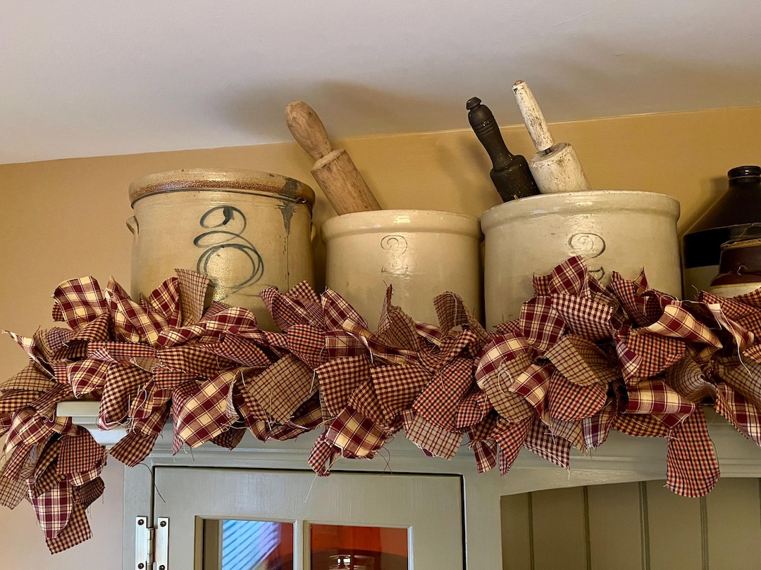 Red and Tan Homespun Fabric Garland, Farmhouse Mantel Decor, Rag Tie ...