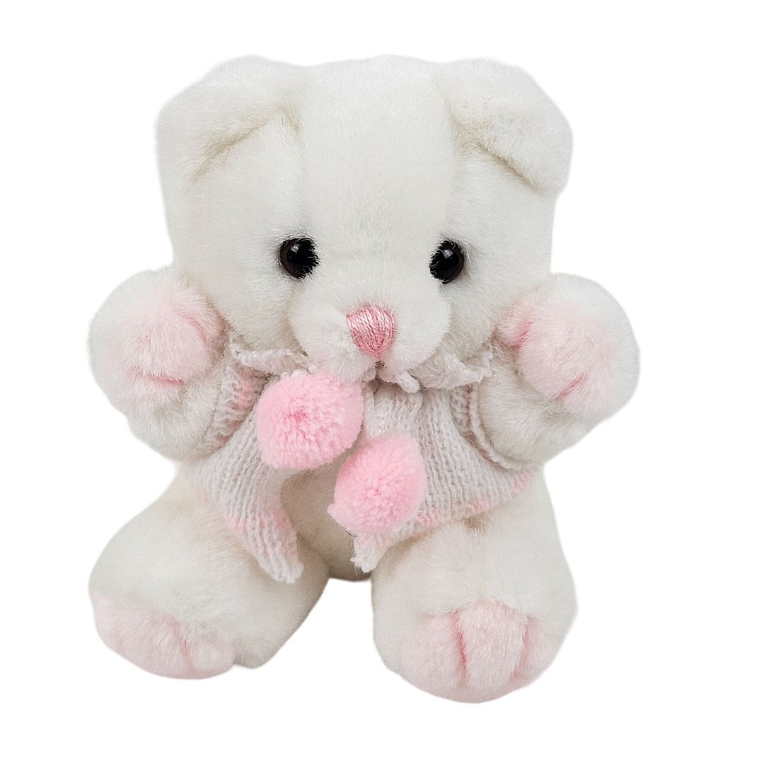 Russ Berrie Plush White Teddy Bear Pink Pom Poms 6 in Stuffed Animal ...