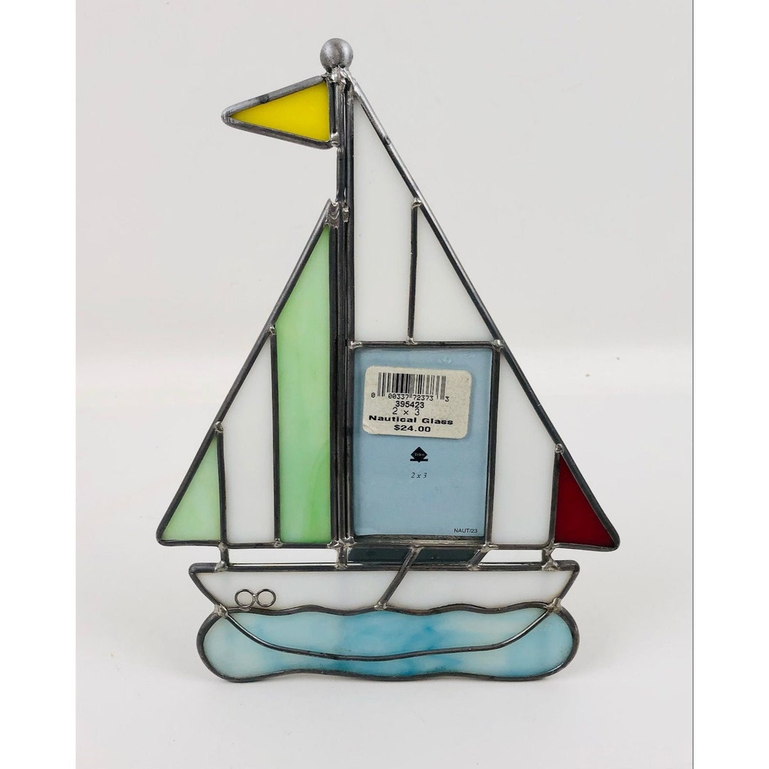 Stained Glass Sail Boat Picture Frame Nautical Ocean Beach Easel Wall ...