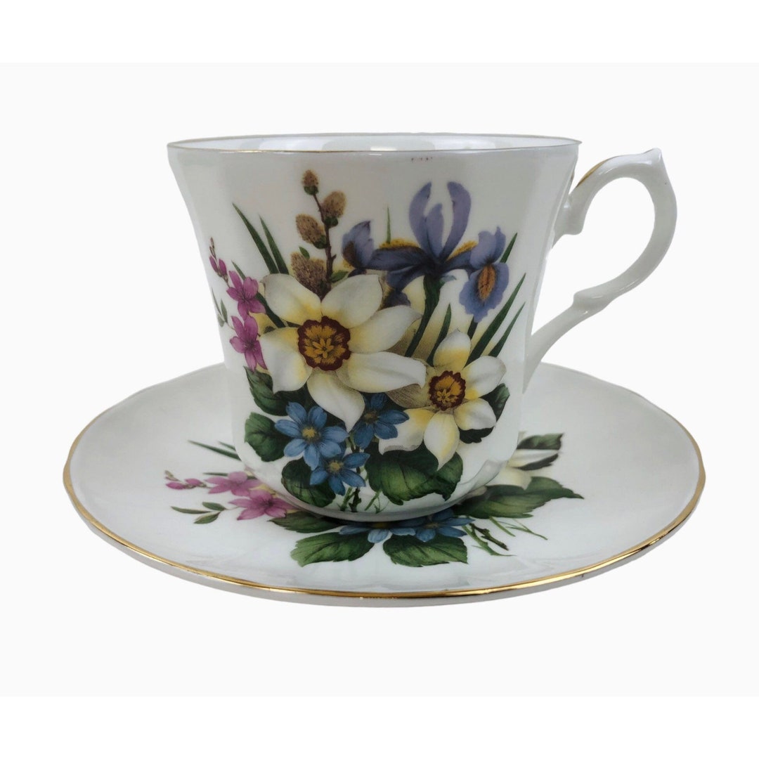 Springfield Tea Cup Saucer England Iris Daffodil Gold Trim Fine Bone ...