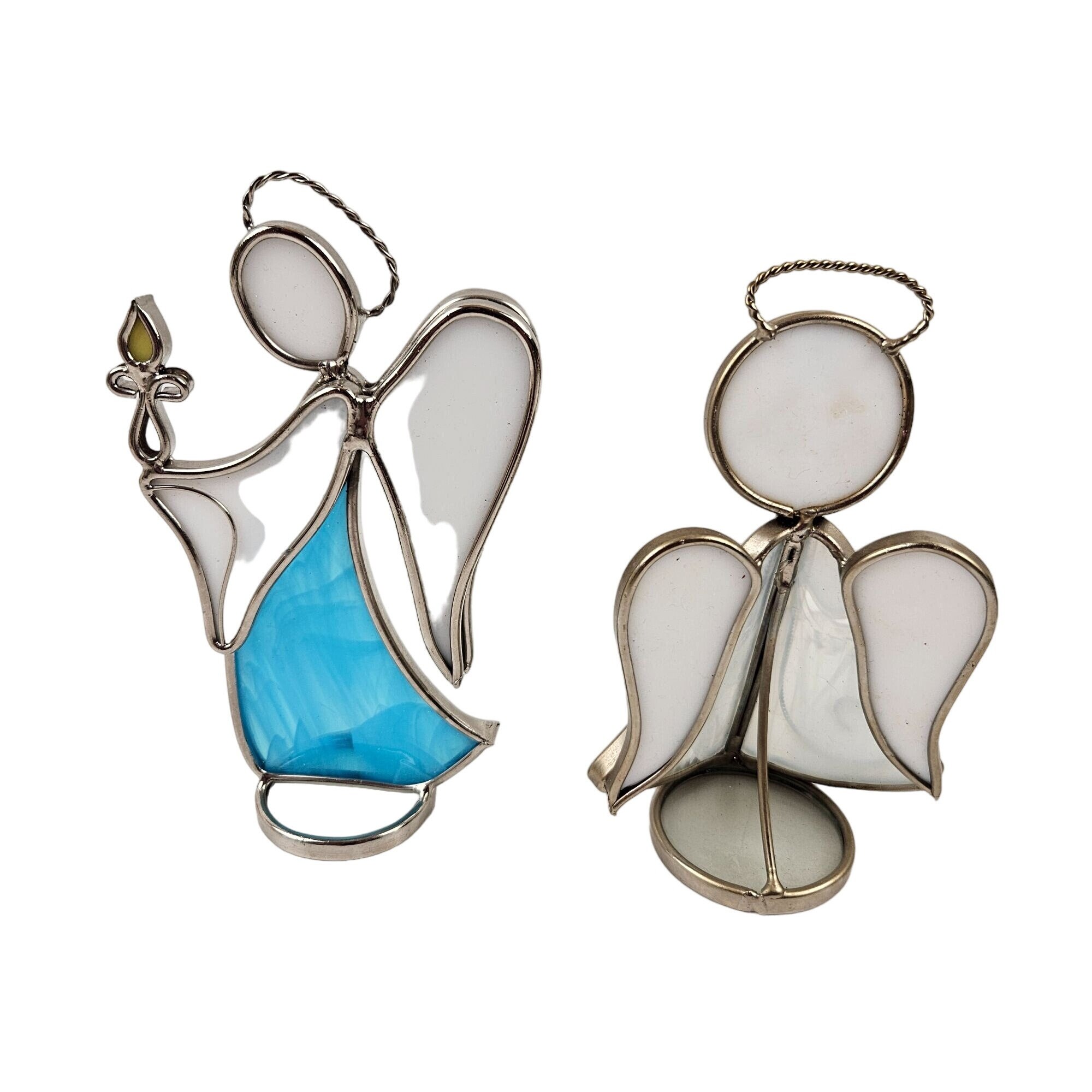 Stained Glass Angel Figurines Set of 2 Handcrafted Decorative Art White ...