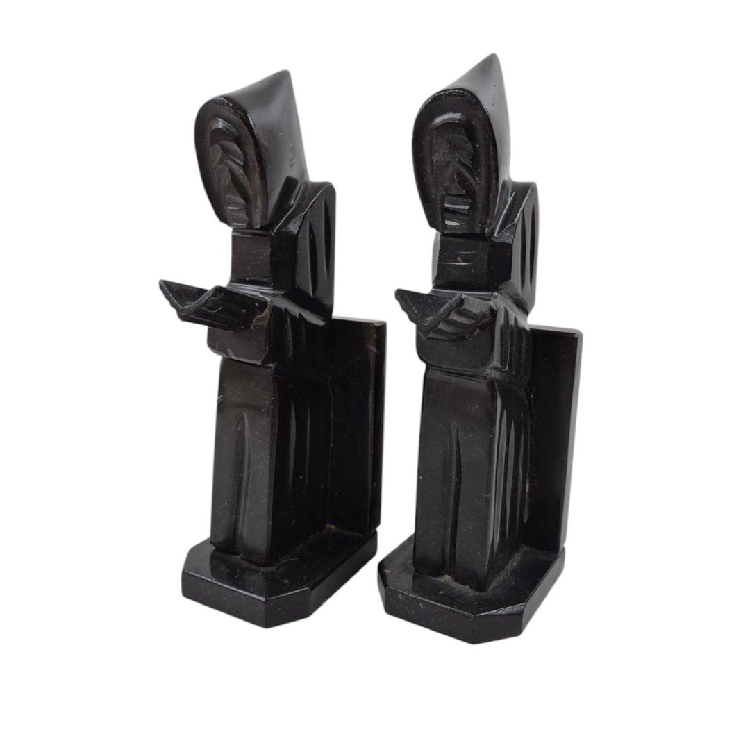 Vintage Monk Bookends Hand Carved Black Stone MCM Hooded Friar Reading ...