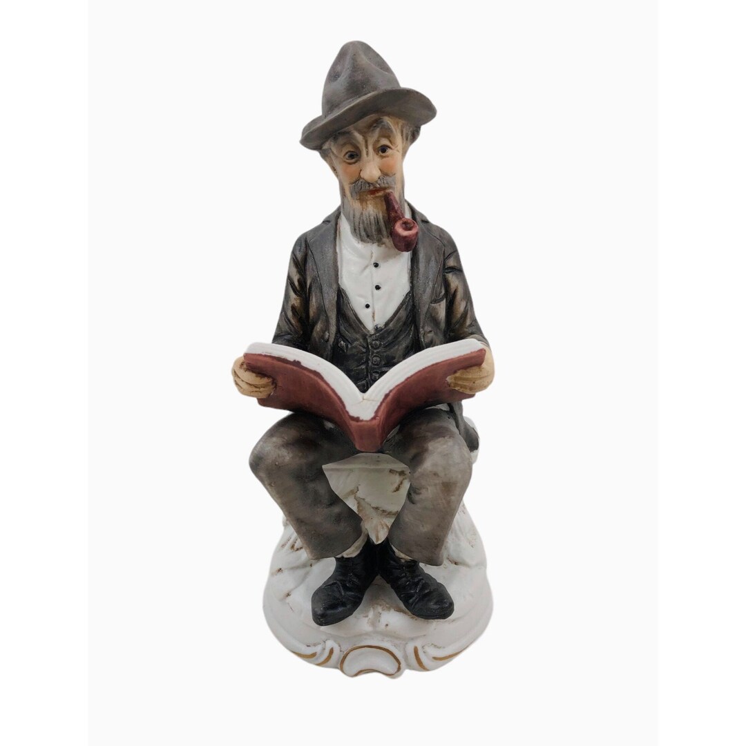 WIW Old Man Figurine Porcelain Sitting Reading Pipe Bench Hat ...