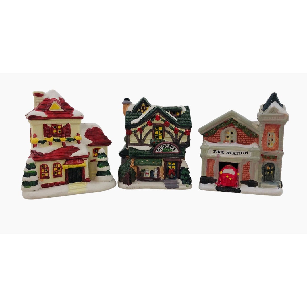 Porcelain Buildings Set of 3 Small Fire Station, Grocery, and a House ...