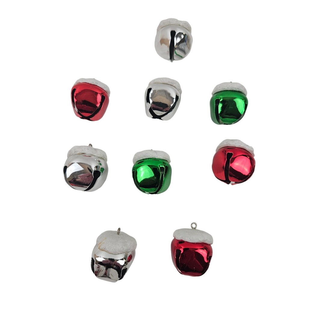 Christmas Jingle Bells Set of 9 Assorted White Glitter Tops Red Green ...