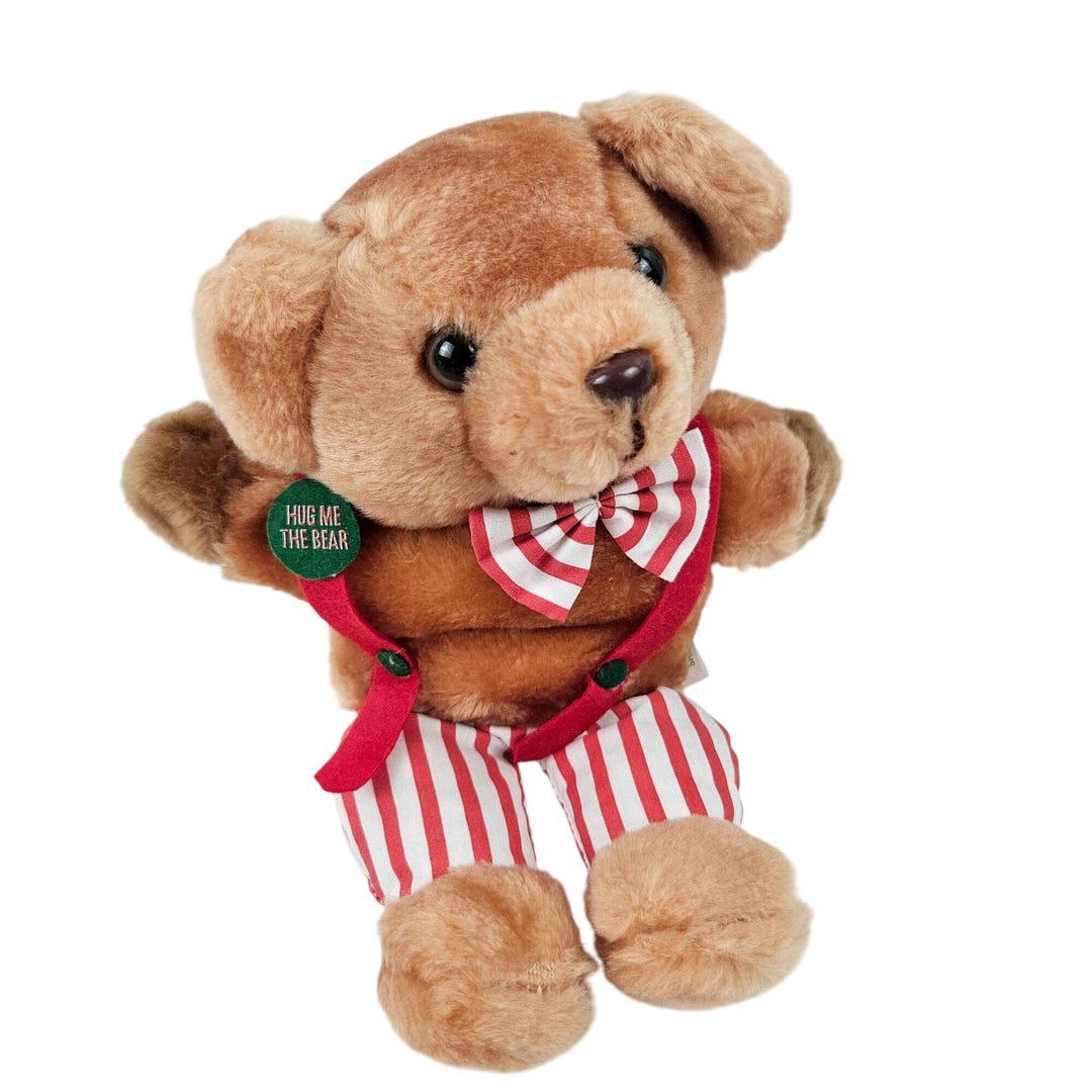 Vintage Hug Me the Bear Hand Puppet Plush Toy Red White Striped Outfit ...