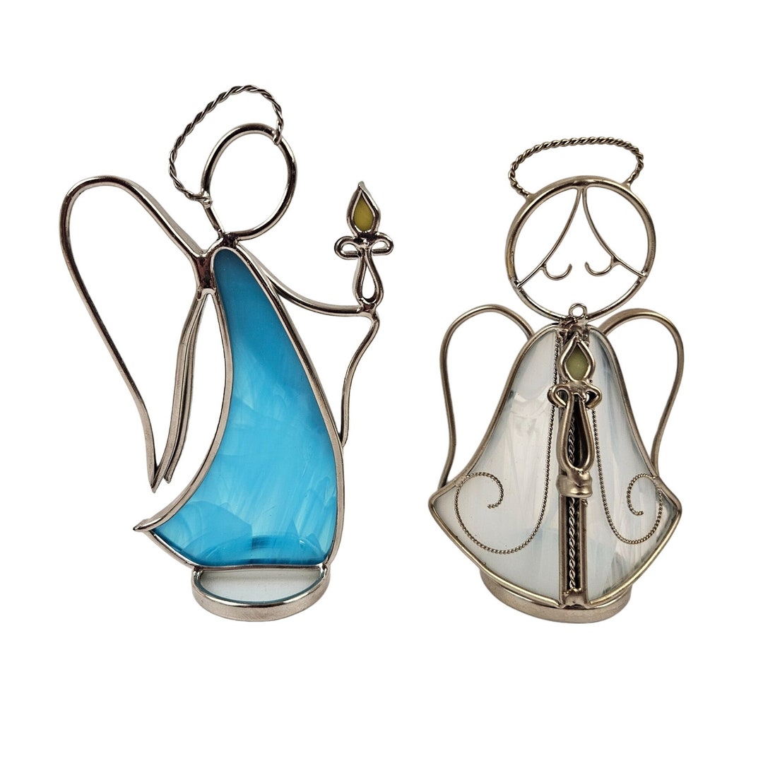 Stained Glass Angel Figurines Set of 2 Handcrafted Decorative Art White ...