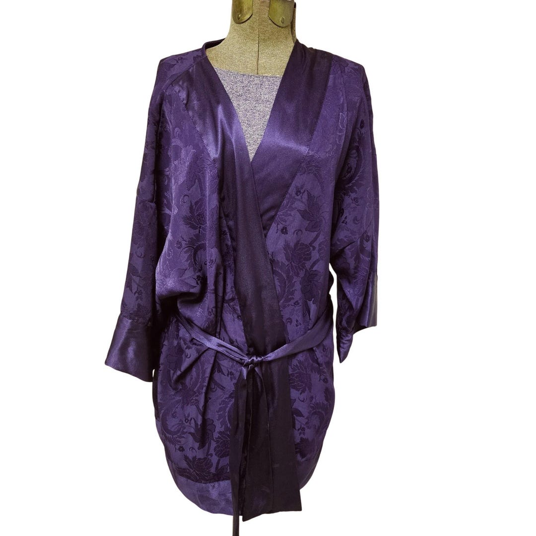 Victorias Secret Purple Jacquard Floral Kimono Robe Belt One Size Gold ...