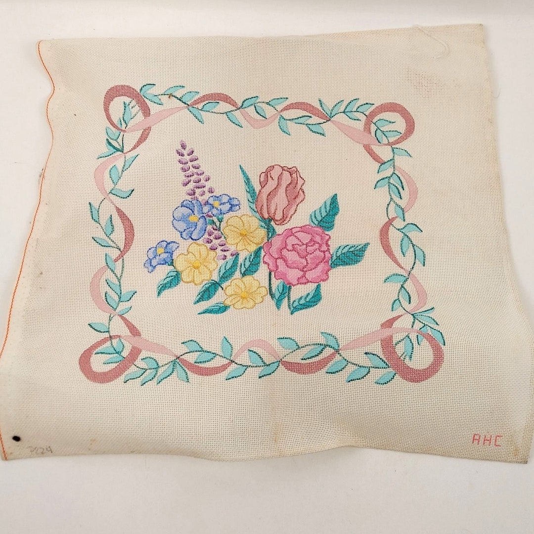 Vintage Hand Painted Needlepoint Canvas Floral Craft Decorative Pillow ...