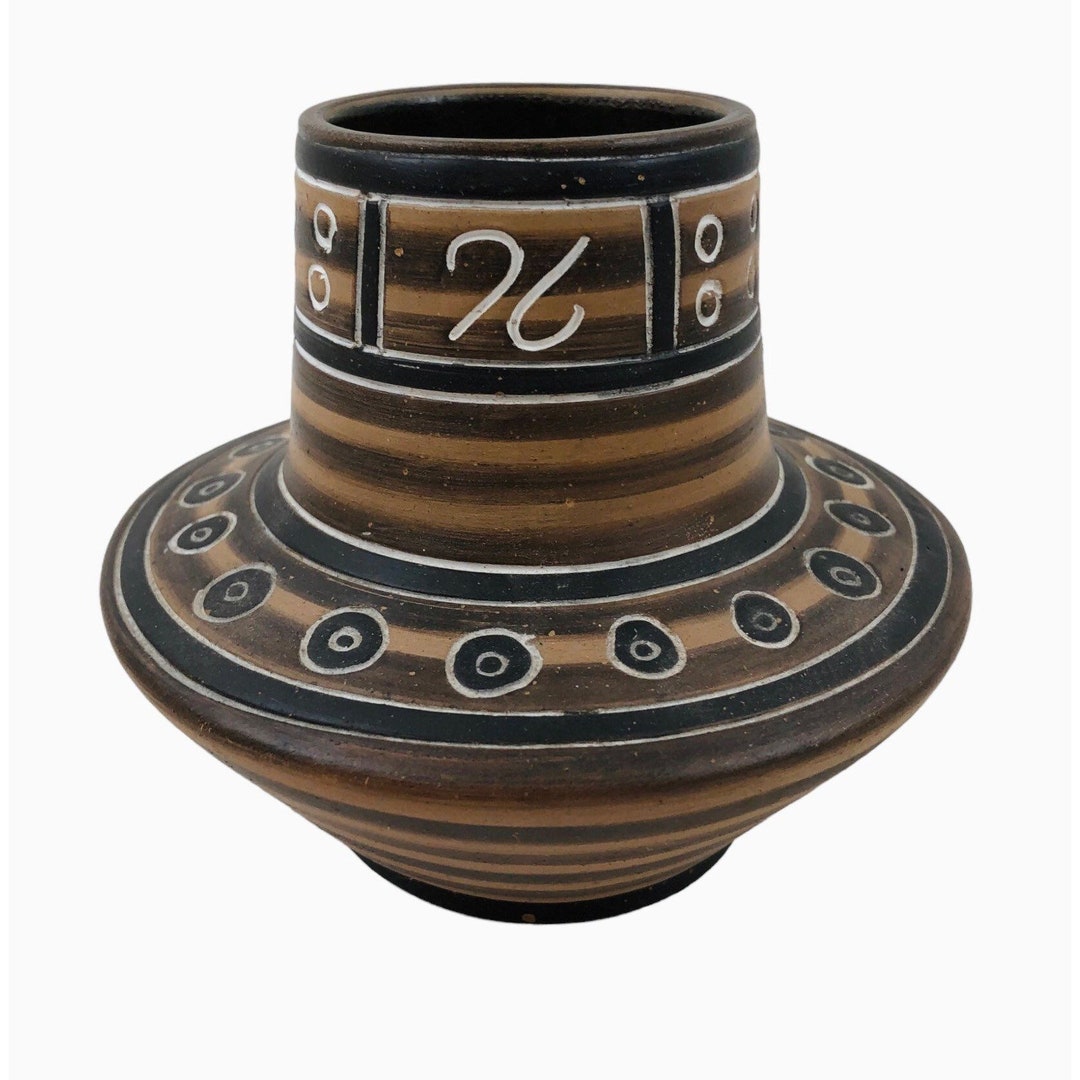 Latin American Mexico Pottery Vase Brown Clay Terracotta Carved Inca ...