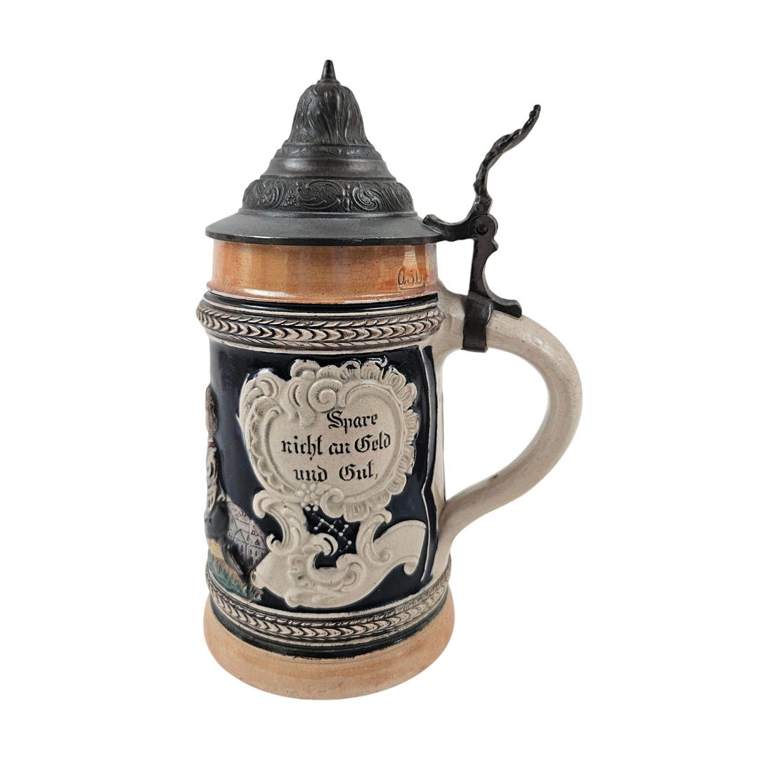 Vintage German Beer Stein Ceramic Pewter Lid Relief Art Mother of Pearl ...