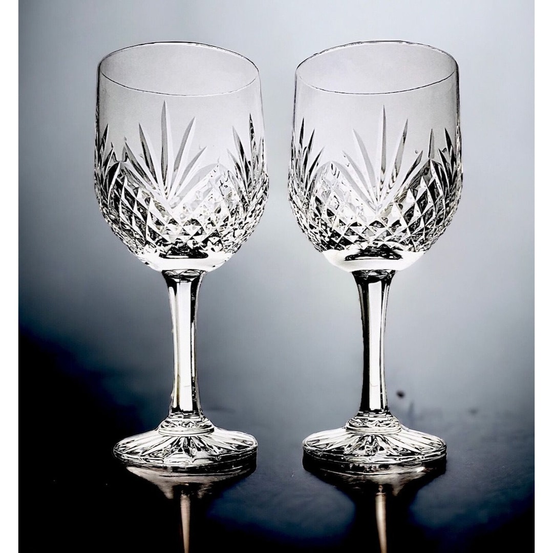 Cut Crystal Wine Glass Set of 2 Goblet Diamond and Fan Design Clear ...