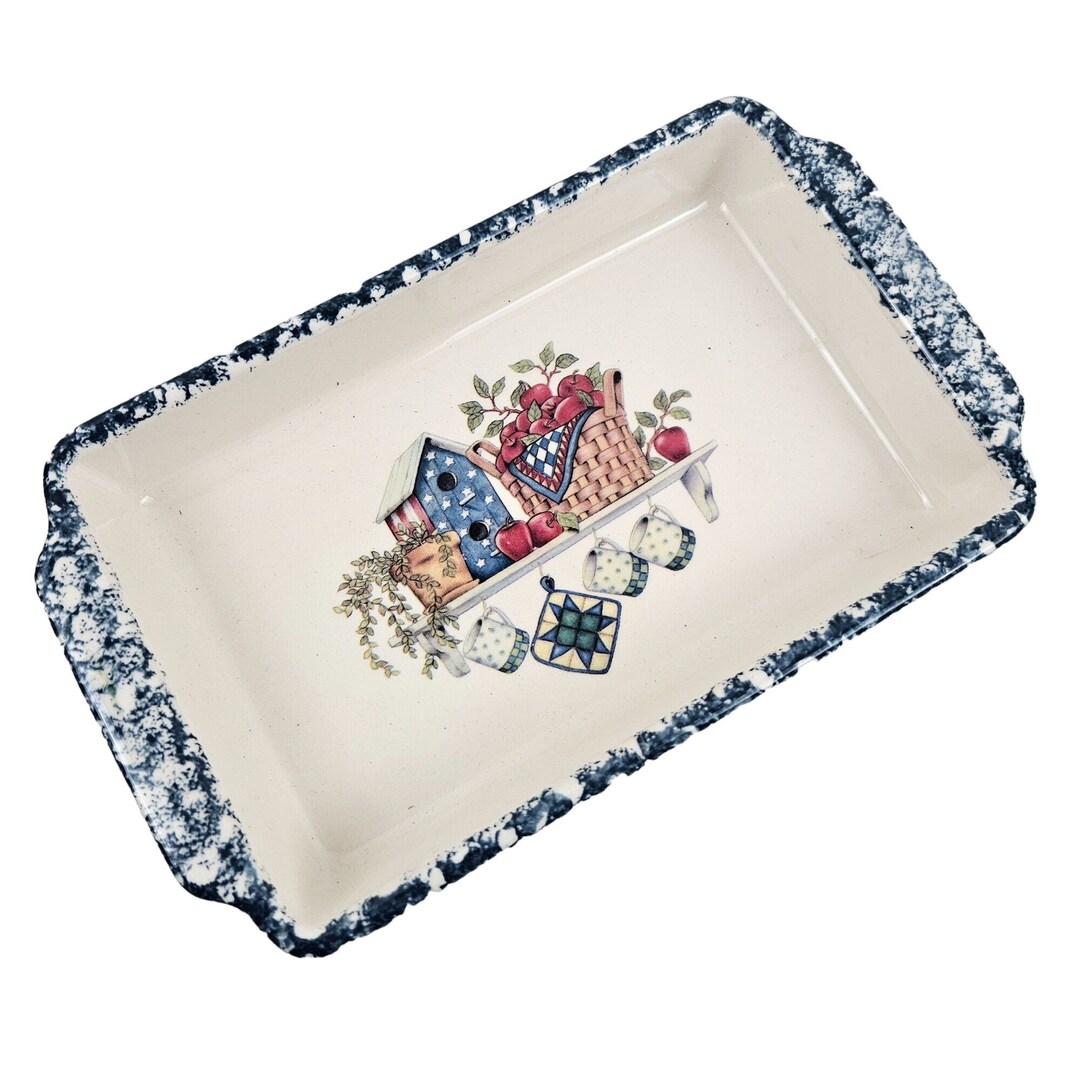 Buckeye Stoneware Rectangle Tray Blue Spongeware Trim Farmhouse Kitchen ...