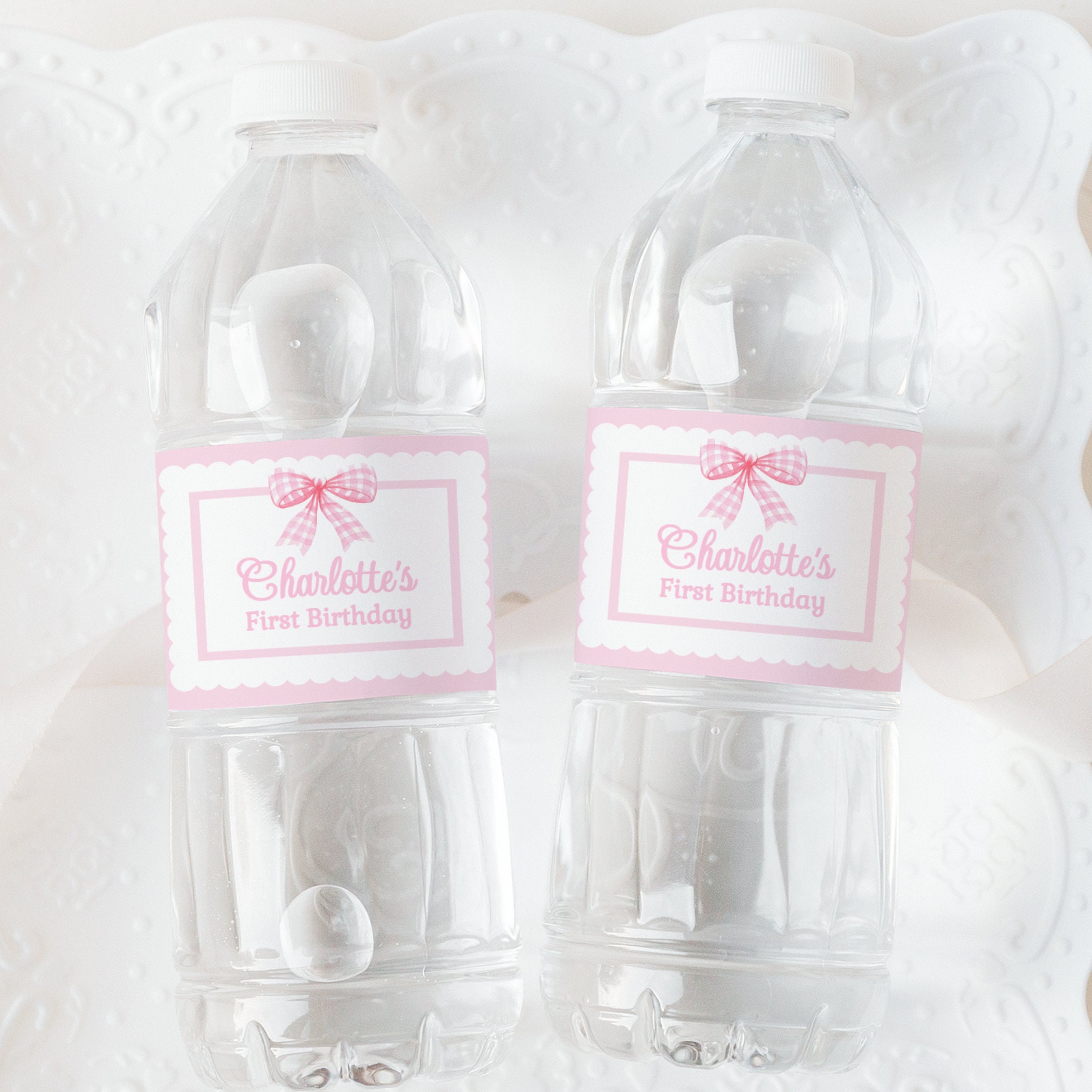 Water Bottle Labels With Bows Pink Bow Water Label First Birthday Girl ...