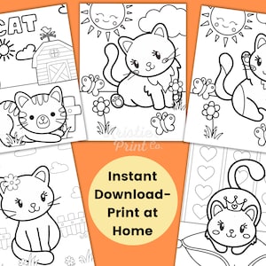 Cat Coloring Pages for Kids, Kitten Coloring Pages, Cat Birthday Favor ...