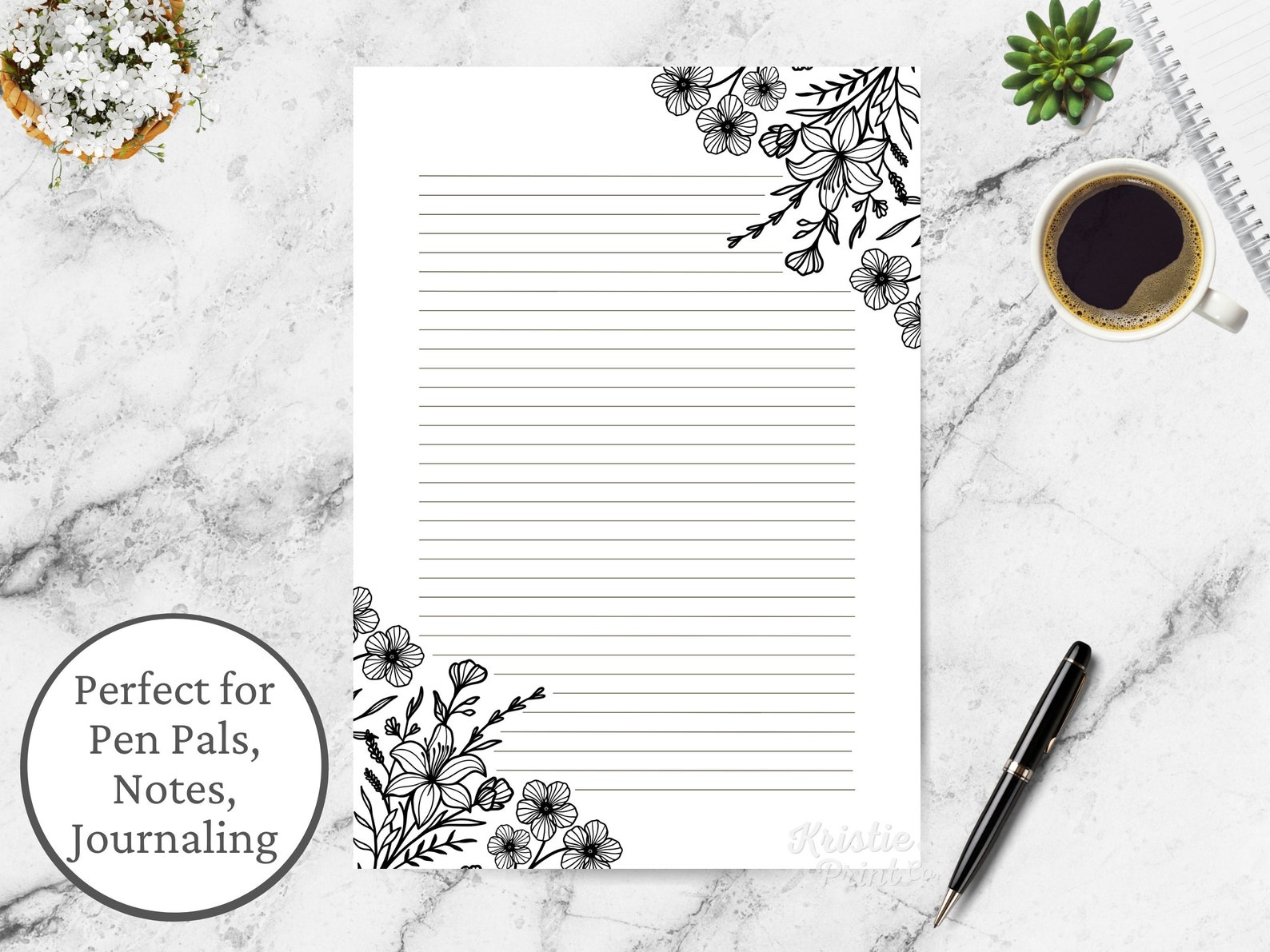 Black and White Floral Lined Paper Printable Stationery - Etsy