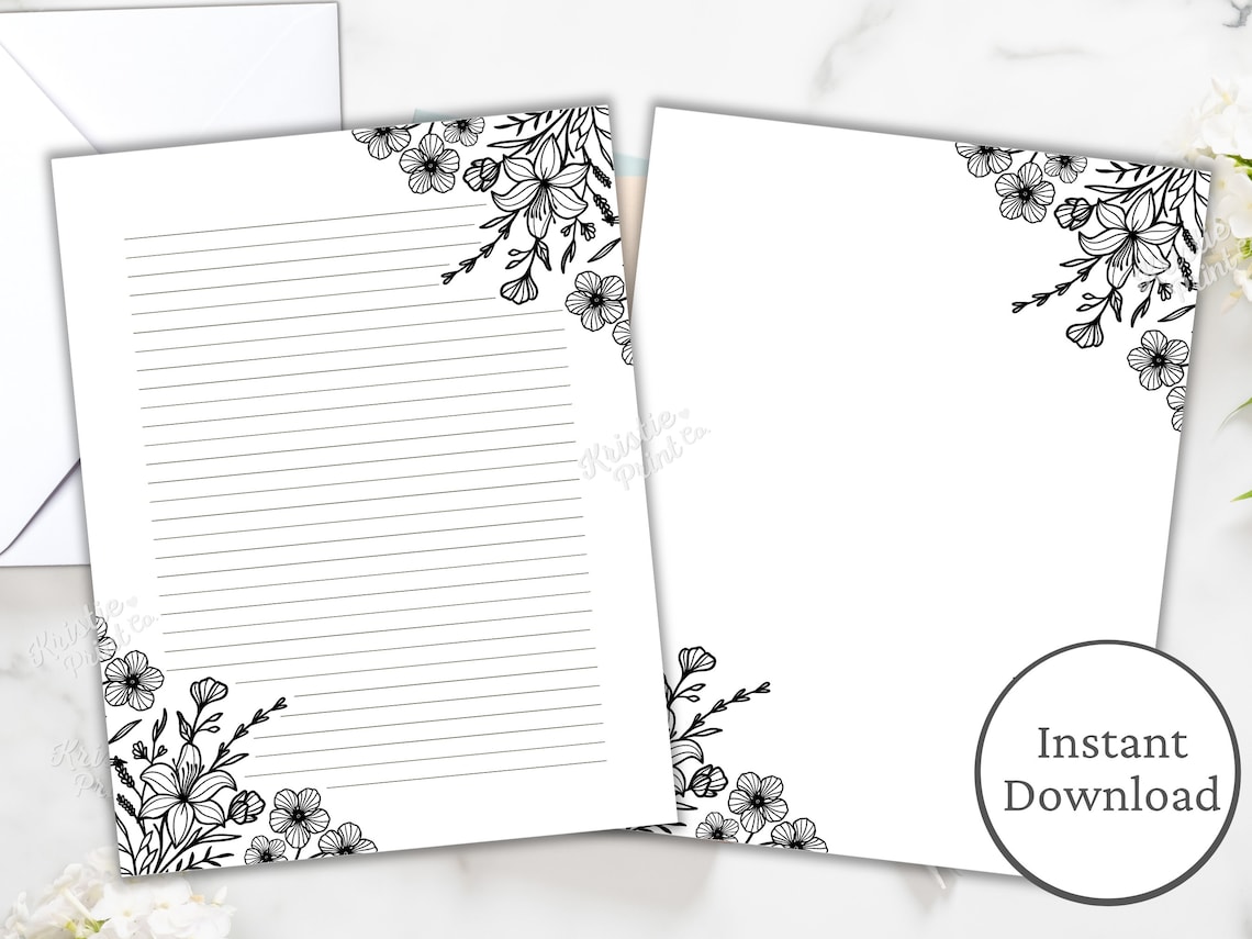 Black and White Floral Lined Paper Printable Stationery - Etsy