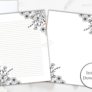 Black and White Floral Lined Paper, Printable Stationery Paper, Journal ...