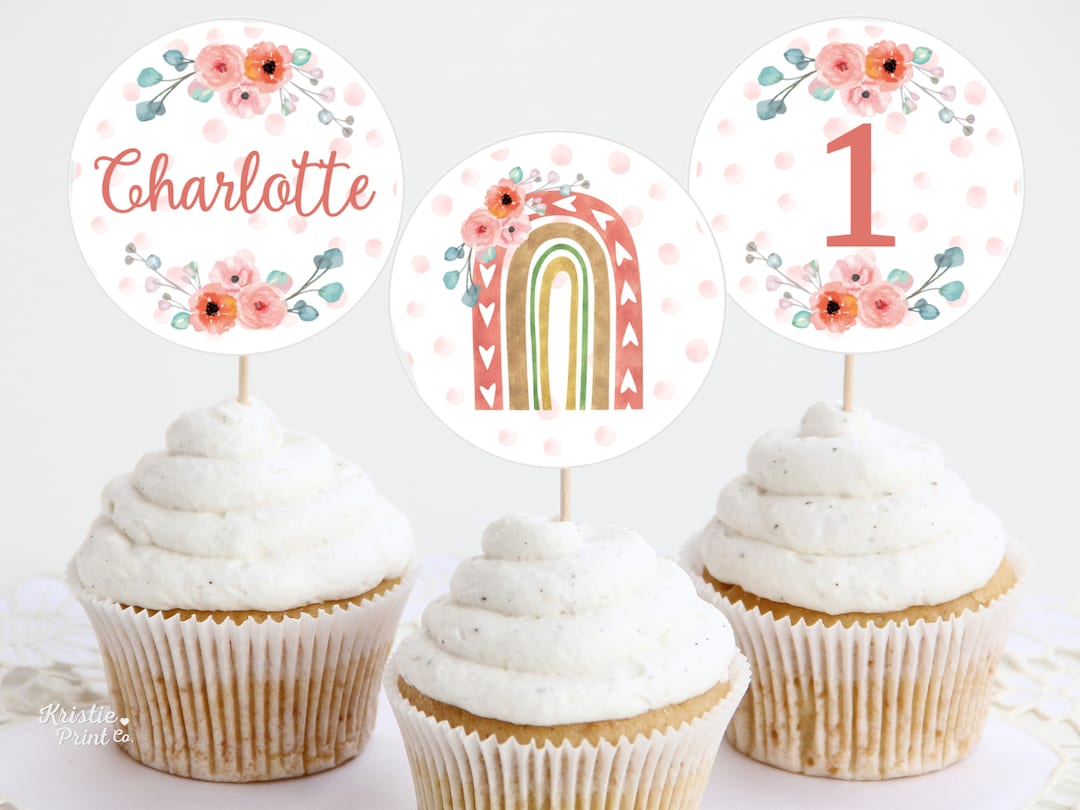 Boho Rainbow Cupcake Toppers, Editable Cupcake Toppers, Boho Rainbow ...