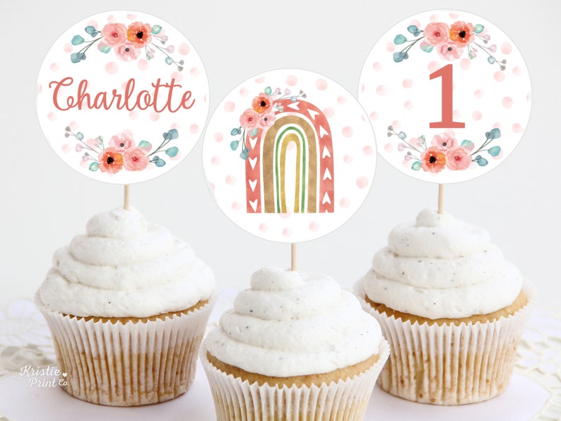 Boho Rainbow Cupcake Toppers, Editable Cupcake Toppers, Boho Rainbow ...