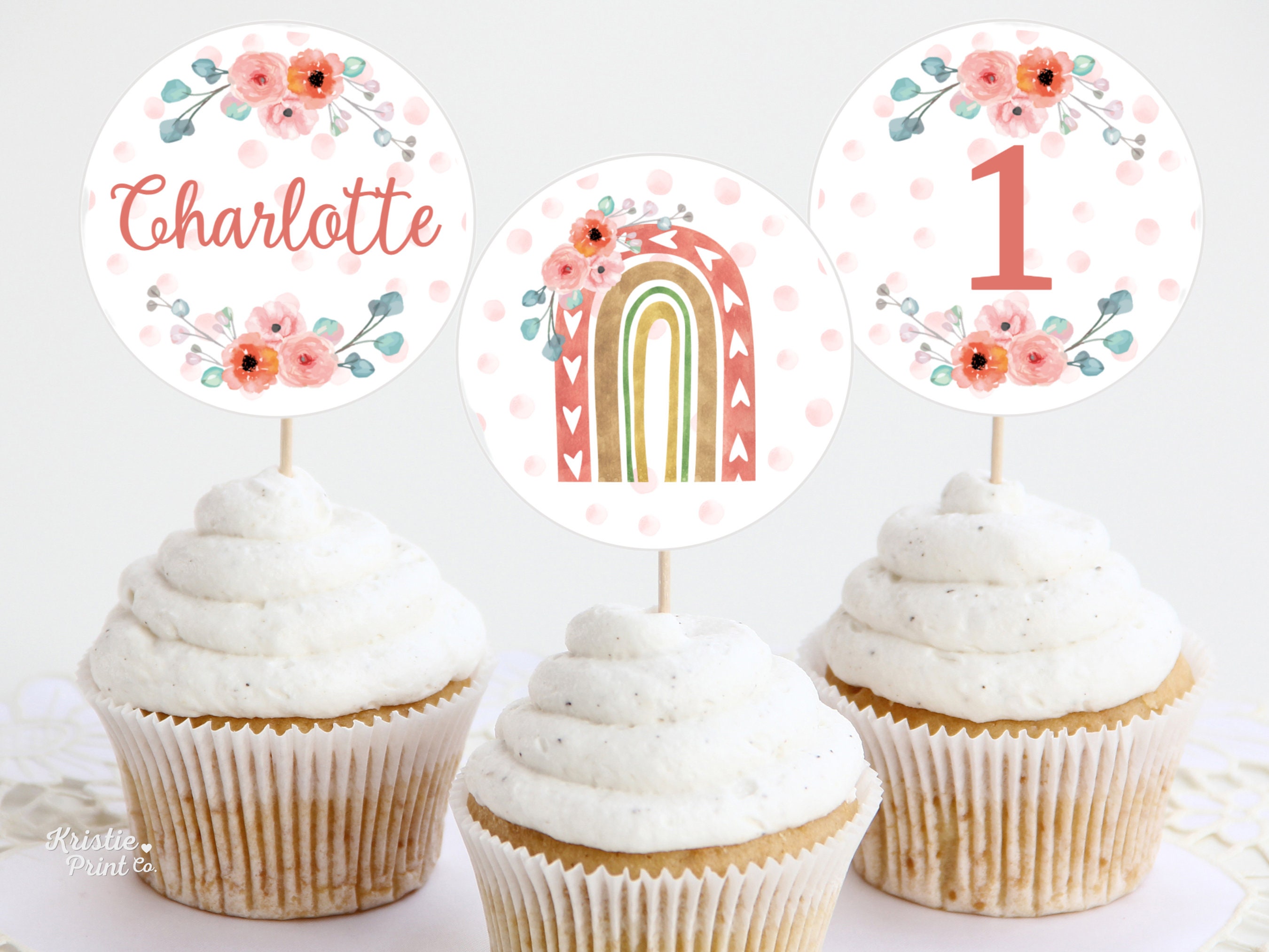 Boho Rainbow Cupcake Toppers, Editable Cupcake Toppers, Boho Rainbow ...