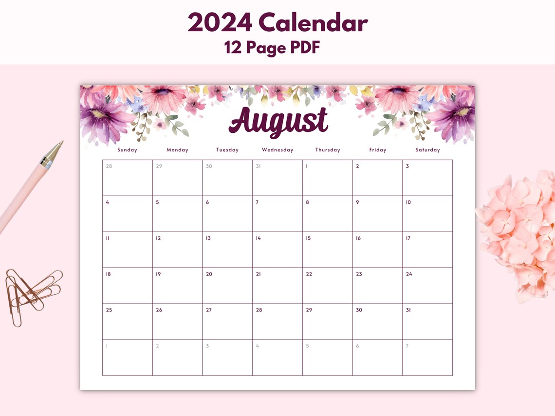 Floral Monthly Calendar 2024 Printable Flower Calendar 2024 Calendar ...