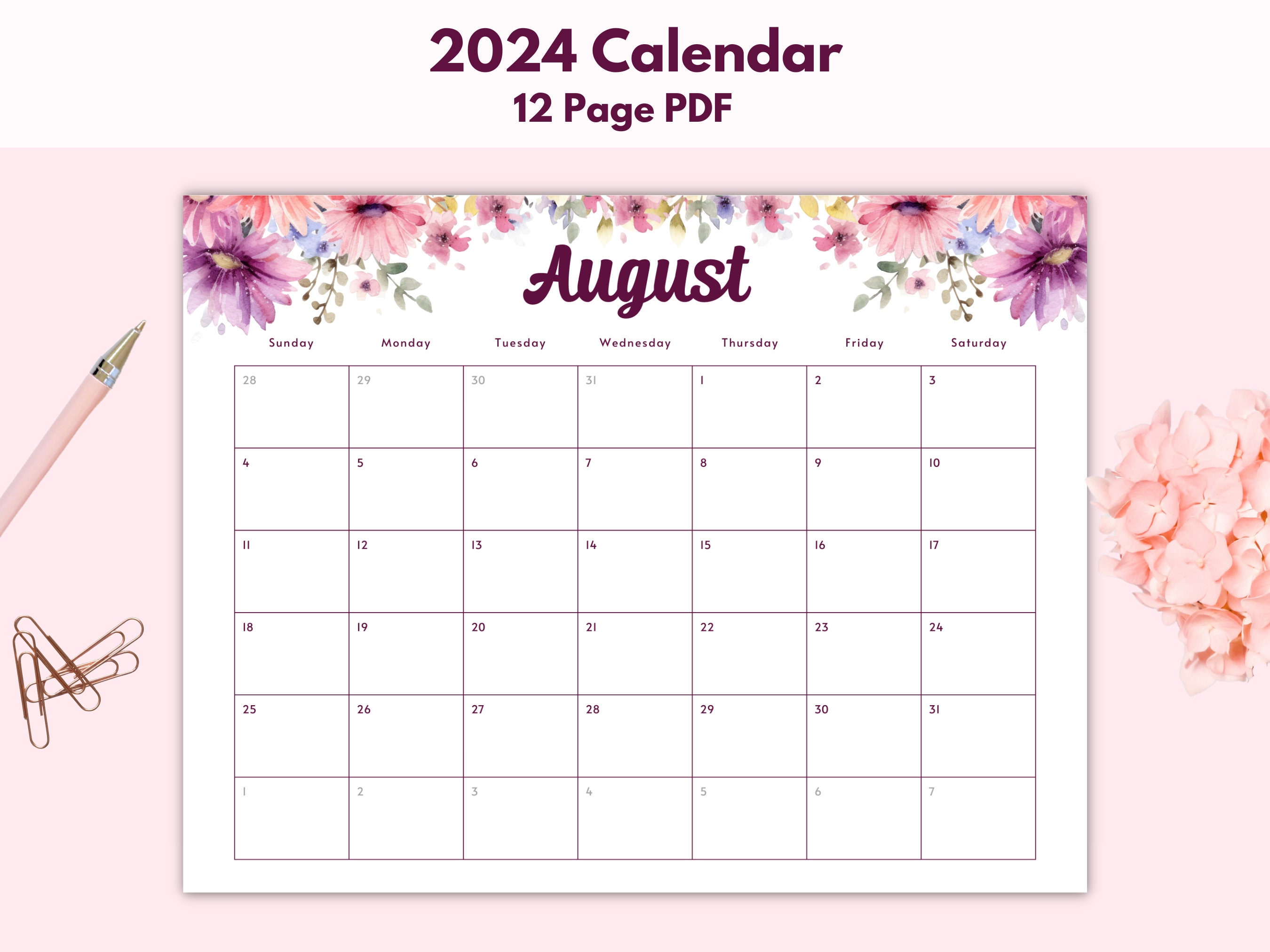 Floral Monthly Calendar 2024 Printable Flower Calendar 2024 Calendar ...