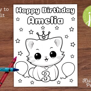 Editable Cat Birthday Coloring Page Printable Birthday Activity Custom ...